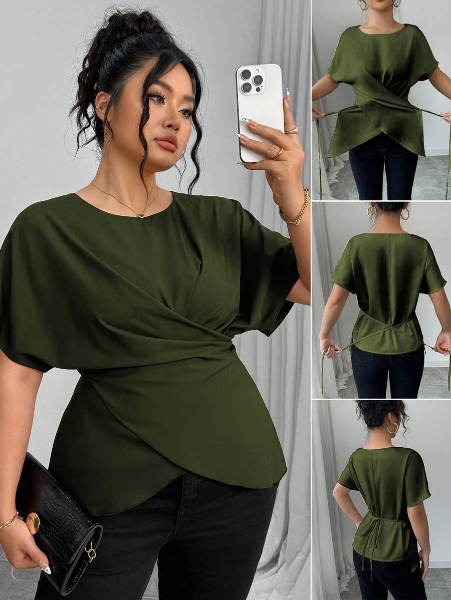 Elenzga Women's Elegant Drawstring Bowknot Waist Casual Shirt, Comfortable For Commuting, Summer ...