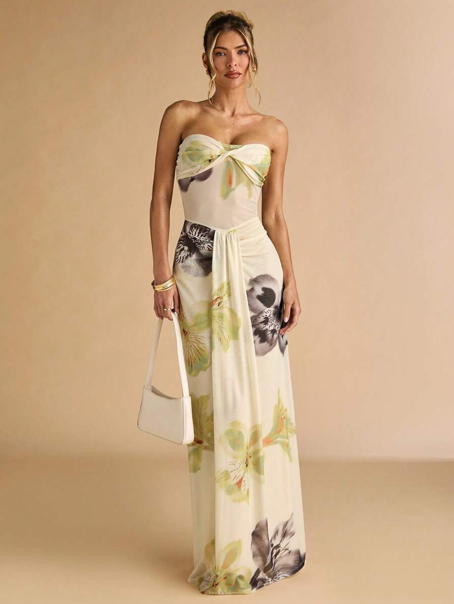SHEIN BAE Women's Floral Print Off Shoulder Twist Waist Ruched Tight A ...
