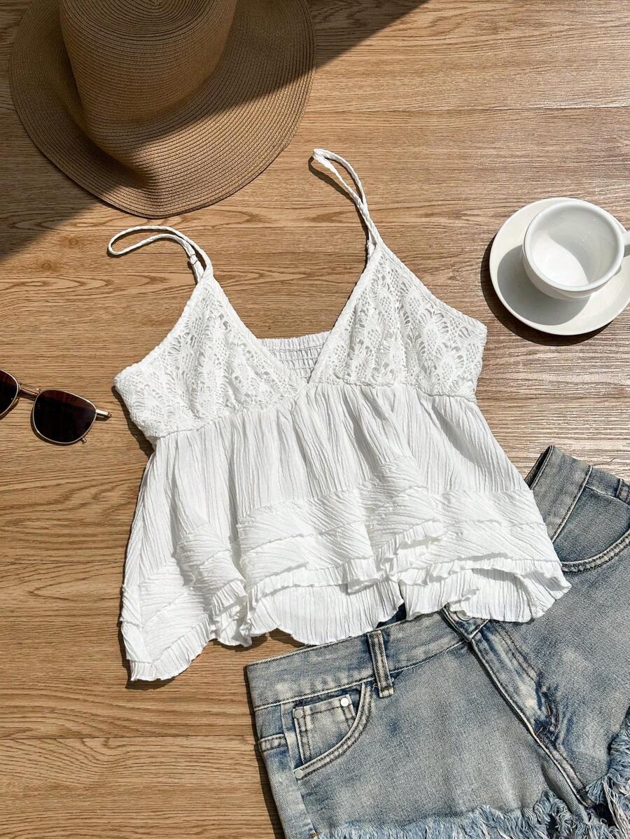 Summer Casual White Women Lace Panel Ruffle Hem Camisole Top | SHEIN USA