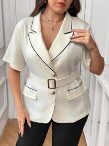 SHEIN Frenchy Plus Size Women Elegant Fashion Contrast Trim Peak Lapel ...