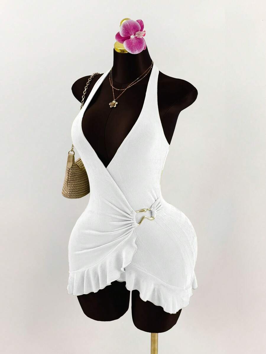 Amplova Deep V-Neck Metal Decor Ruffle Hem Bodycon Dress,Club Outfits ...