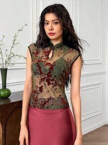 EastFlair Women's Summer Sexy Flocked Mesh Sheer Blouse Chinese Style ...