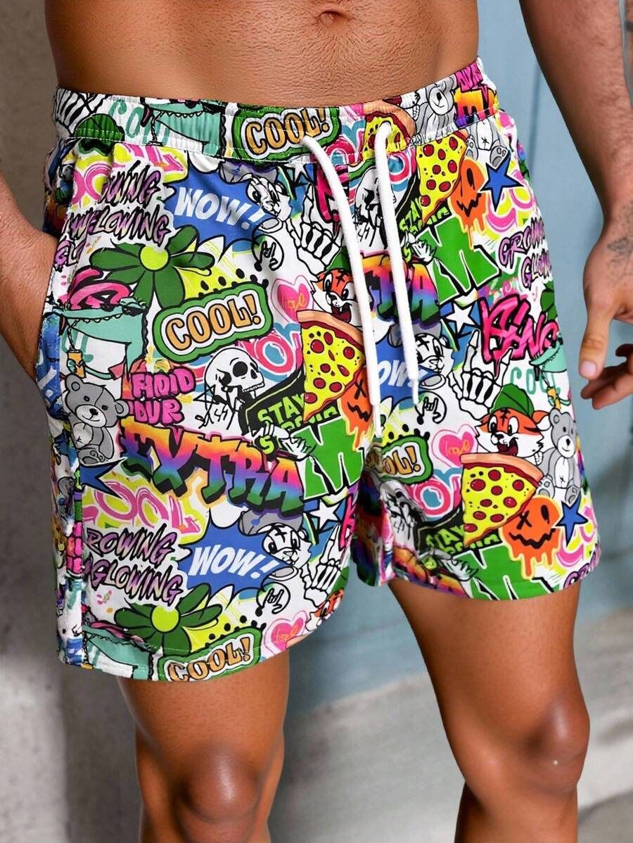 Manfinity Swimmode Men's Casual Cartoon Letter Print Beach Shorts With ...