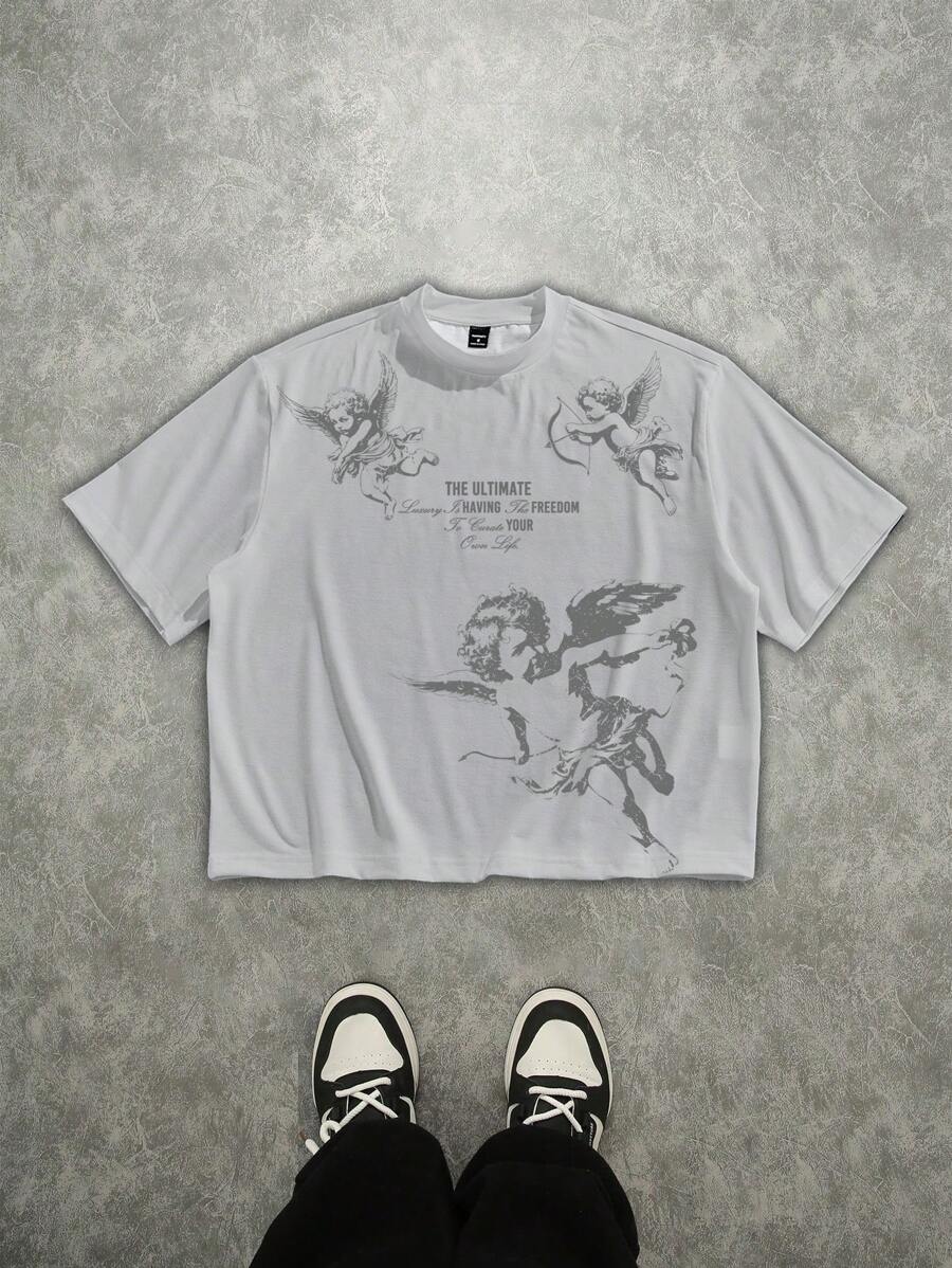 Manfinity ZONE917 Streetwear Oversized Grey Angel Graphic Crop Top T ...