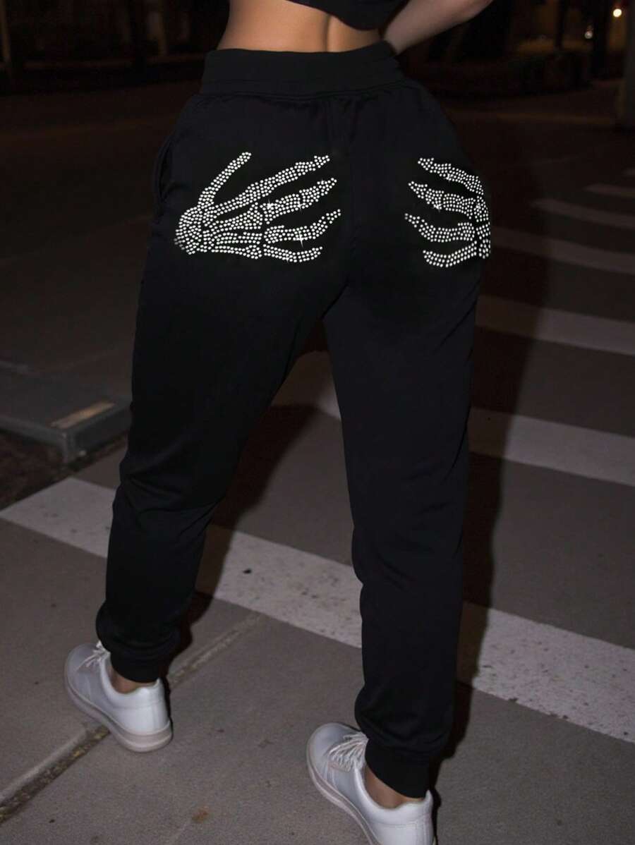 SHEIN Skeleton Hand Print Slant Pocket Sweatpants Graduation,Back To ...