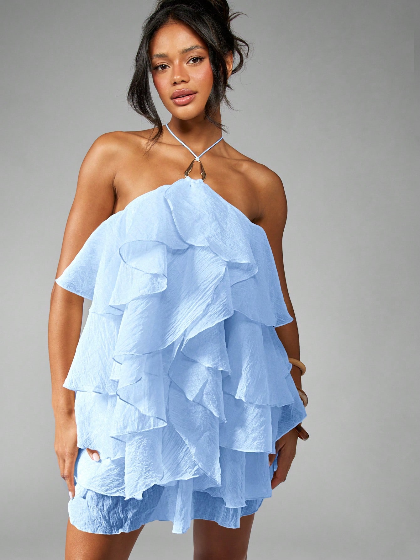 MISSGUIDED Layered Ruffle Backless Halter Neck Mini Dress｜MISSGUIDED