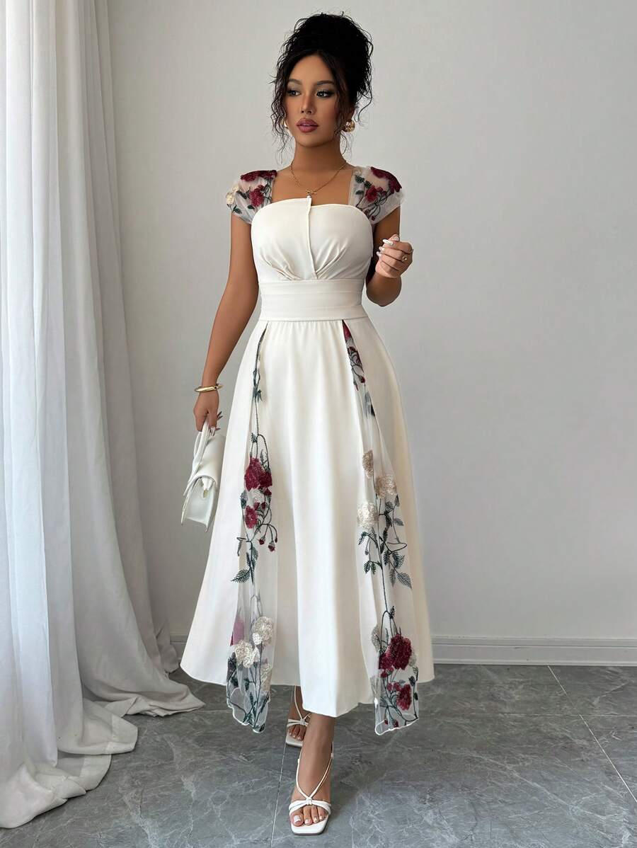 Selianne Women's Floral Embroidery Gathered Shoulder Wide A-Line Hem ...