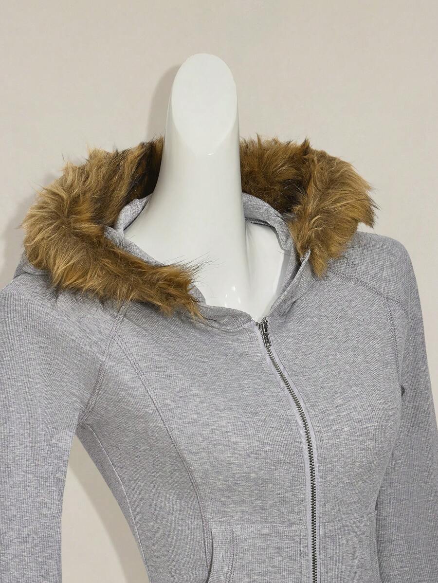 SHEIN ICON Slim Fit Jacke mit Kunstfell-Patchwork und Kapuze für Frauen ...