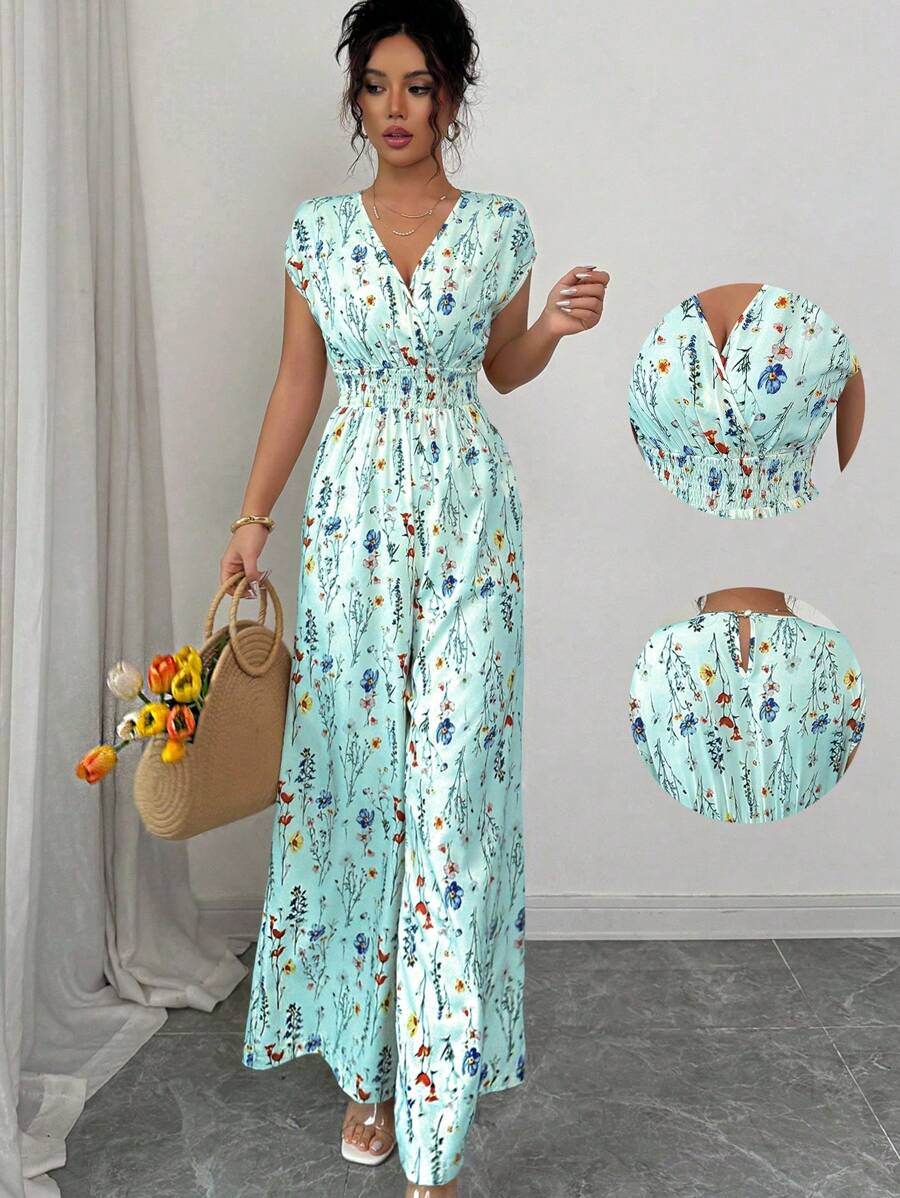 Elenzga Mono de pierna ancha con estampado de vacaciones, escote en V y ...