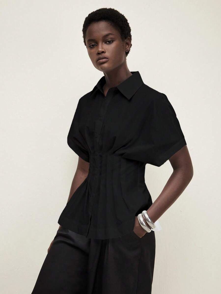 BizChic Women's Black Collar Waist Striped Cinched Waist Front Button ...