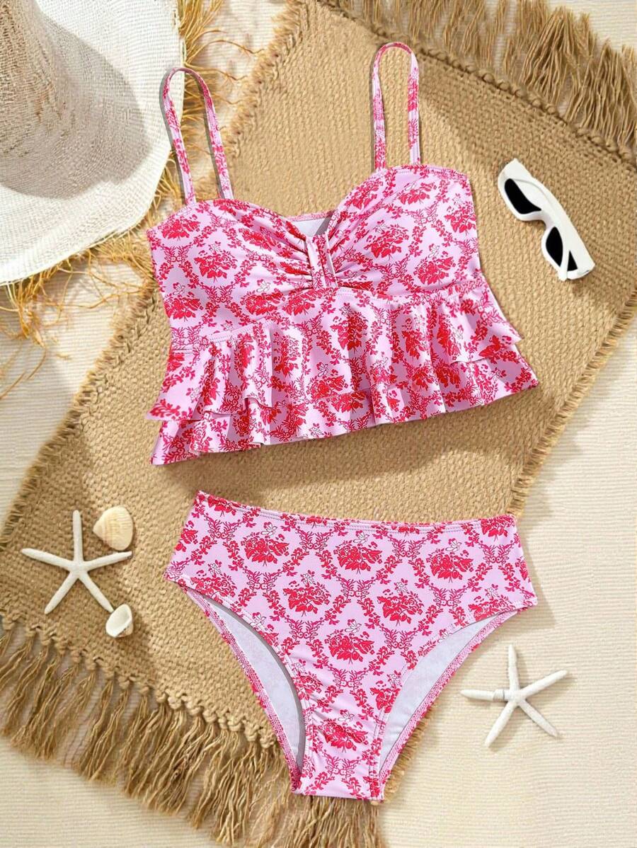 SHEIN Tween Girls Floral Ruffled Tankini Swimwear, Multilayer Skirt ...