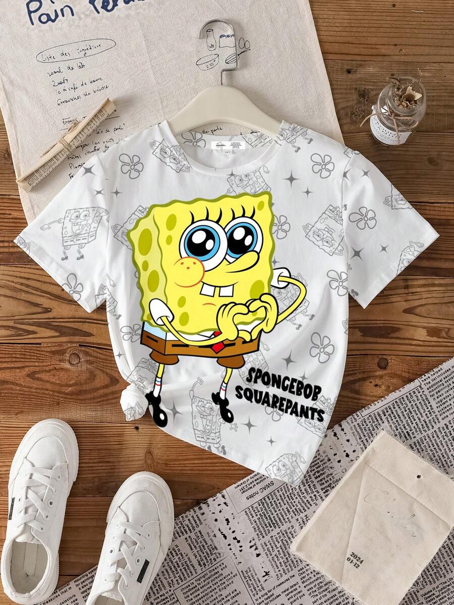 SpongeBob SquarePants X SHEIN Tween Girl Summer Casual Crew Neck Short Sleeve White T-Shirt With ...