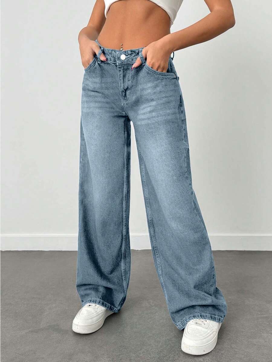 EURMUSE Jeans in cotone 100% con vita bassa, gamba ampia, lavaggio vintage, stile Y2K | SHEIN ITALIA