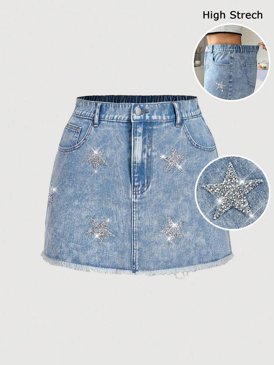 SHEIN MOD Falda de mezclilla casual con lavado y lentejuelas en forma de estrella para tallas ...
