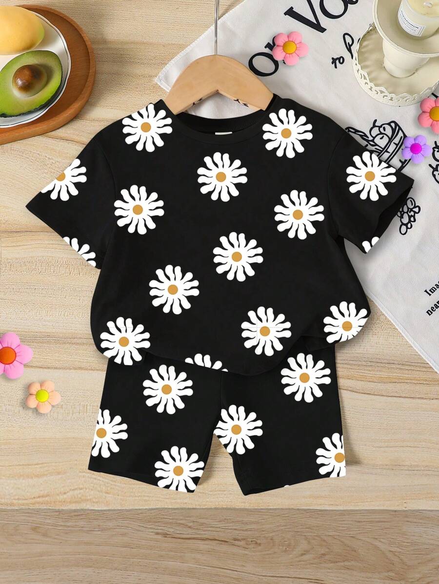 SHEIN 2pcs Baby Girl Vintage Floral Print Round Neck Short Sleeve T ...