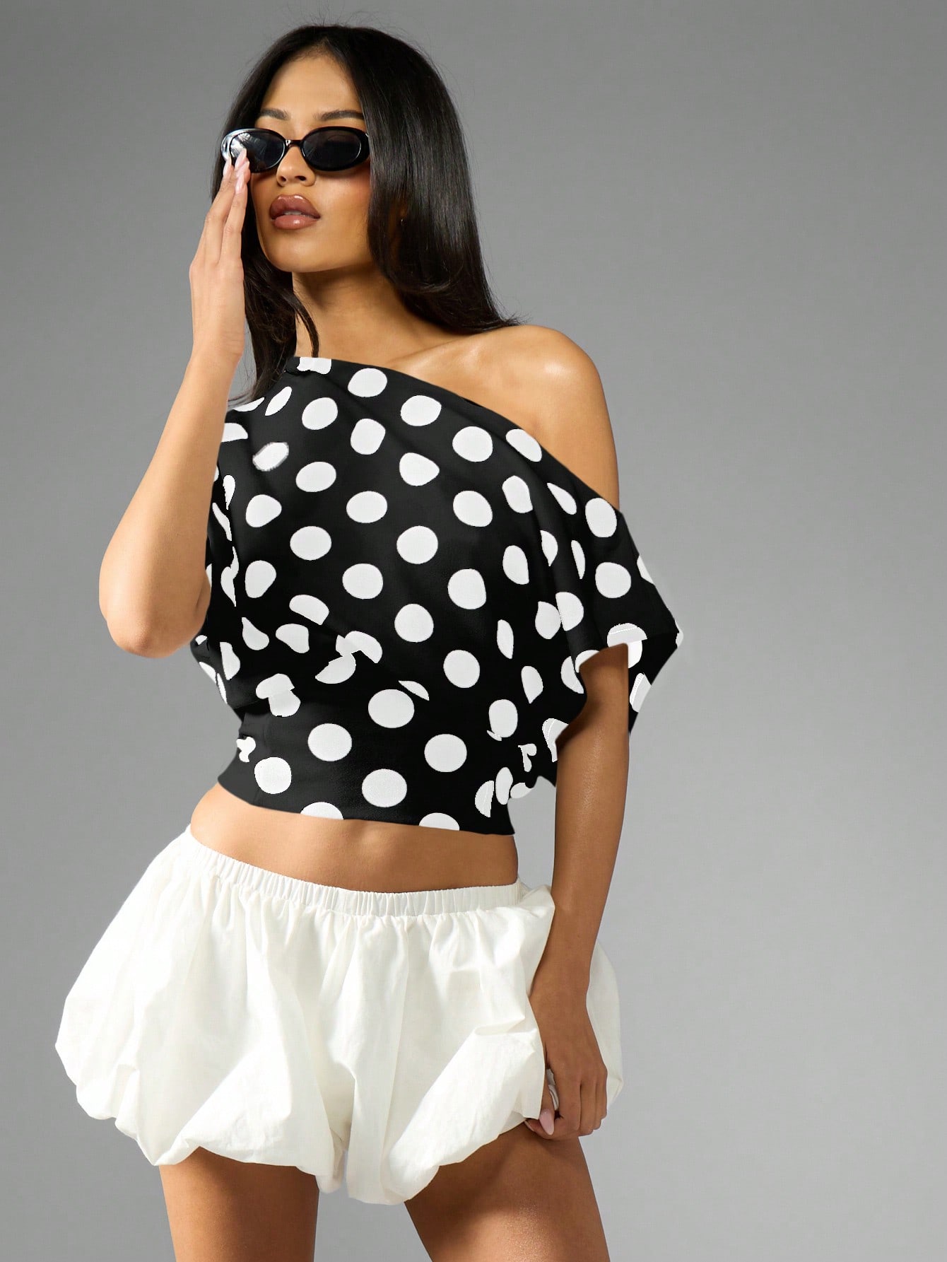 MISSGUIDED Off Shoulder Polka Dot Crop Top With Loose Dolman Sleeve ...