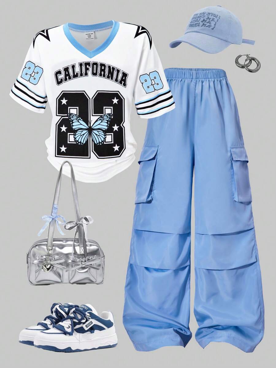 SHEIN 2pcs Tween Girls American Style Raglan Sleeve Graphic Tee ...