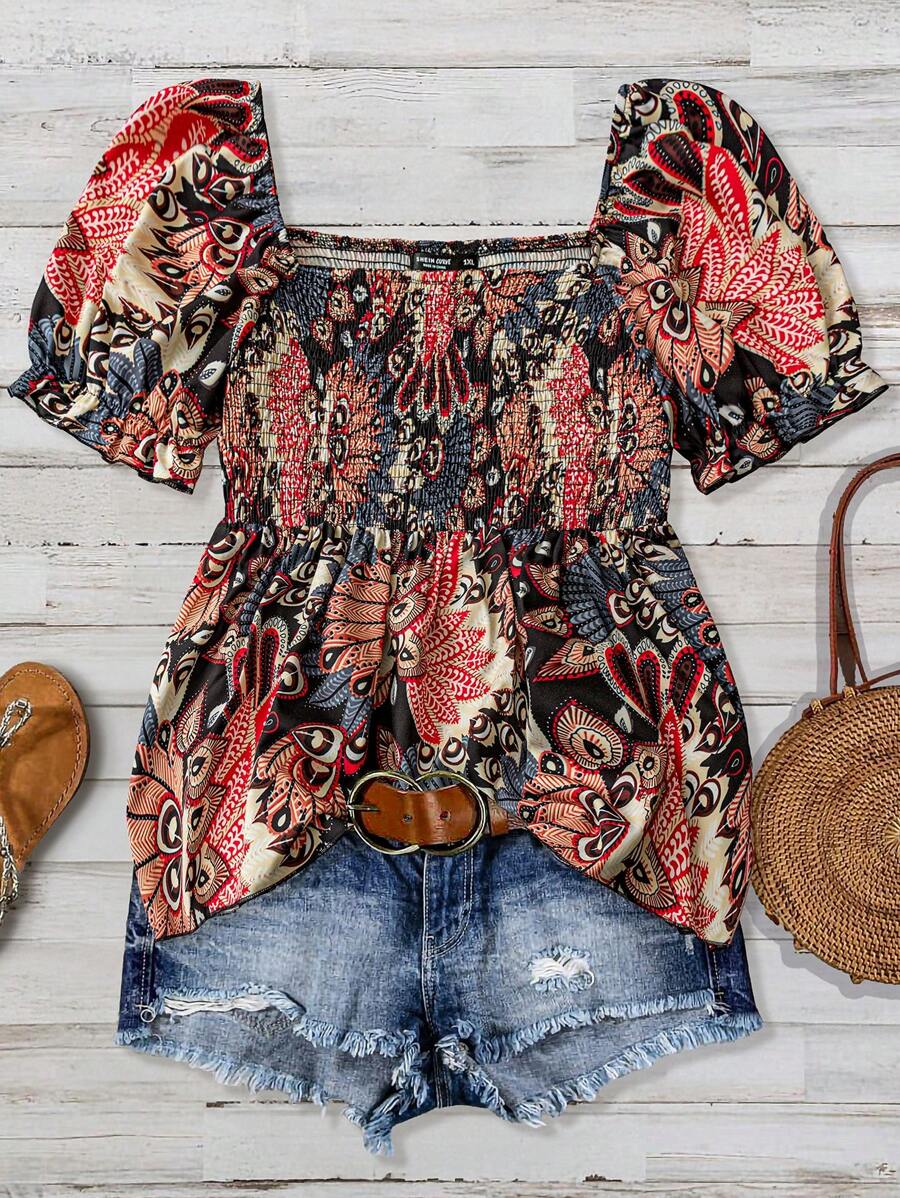 Linhara Plus Size Women Vacation Allover Print Puff Sleeve Blouse ...