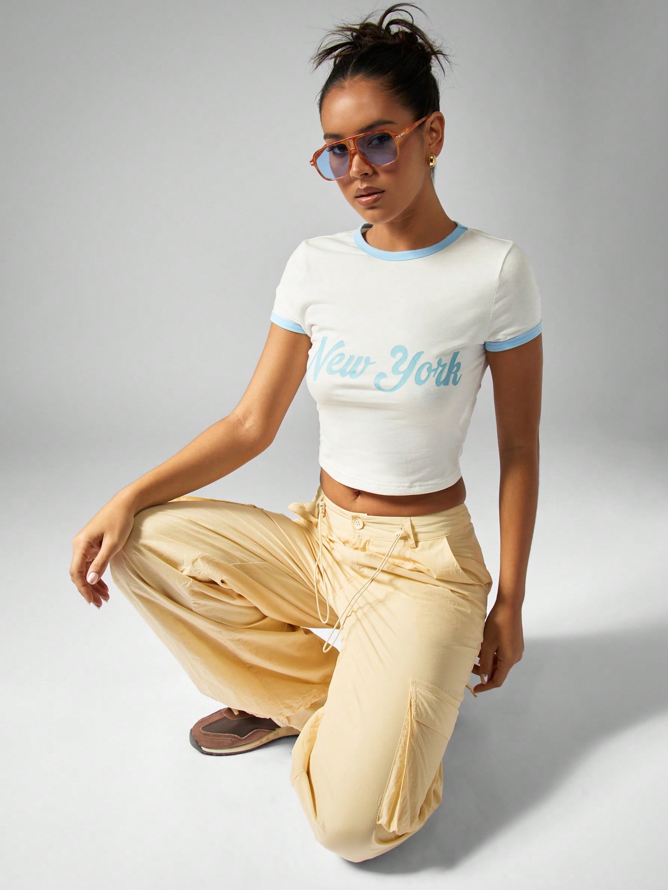 MISSGUIDED Baby Blue Ringer Collar Retro Crop Tee New York Print｜MISSGUIDED