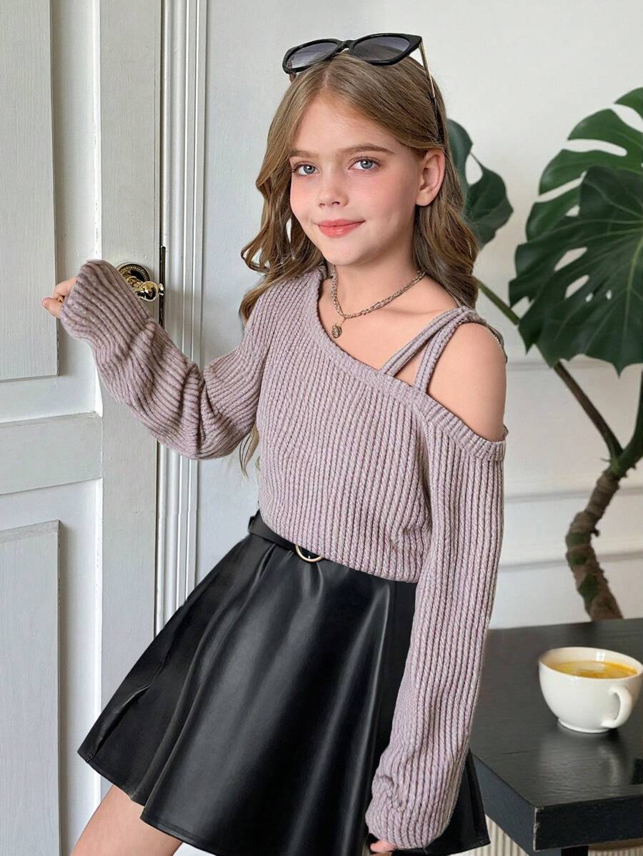 SHEIN Leap Crew Tween Girls' Asymmetric Collar Thin Strap Textured ...