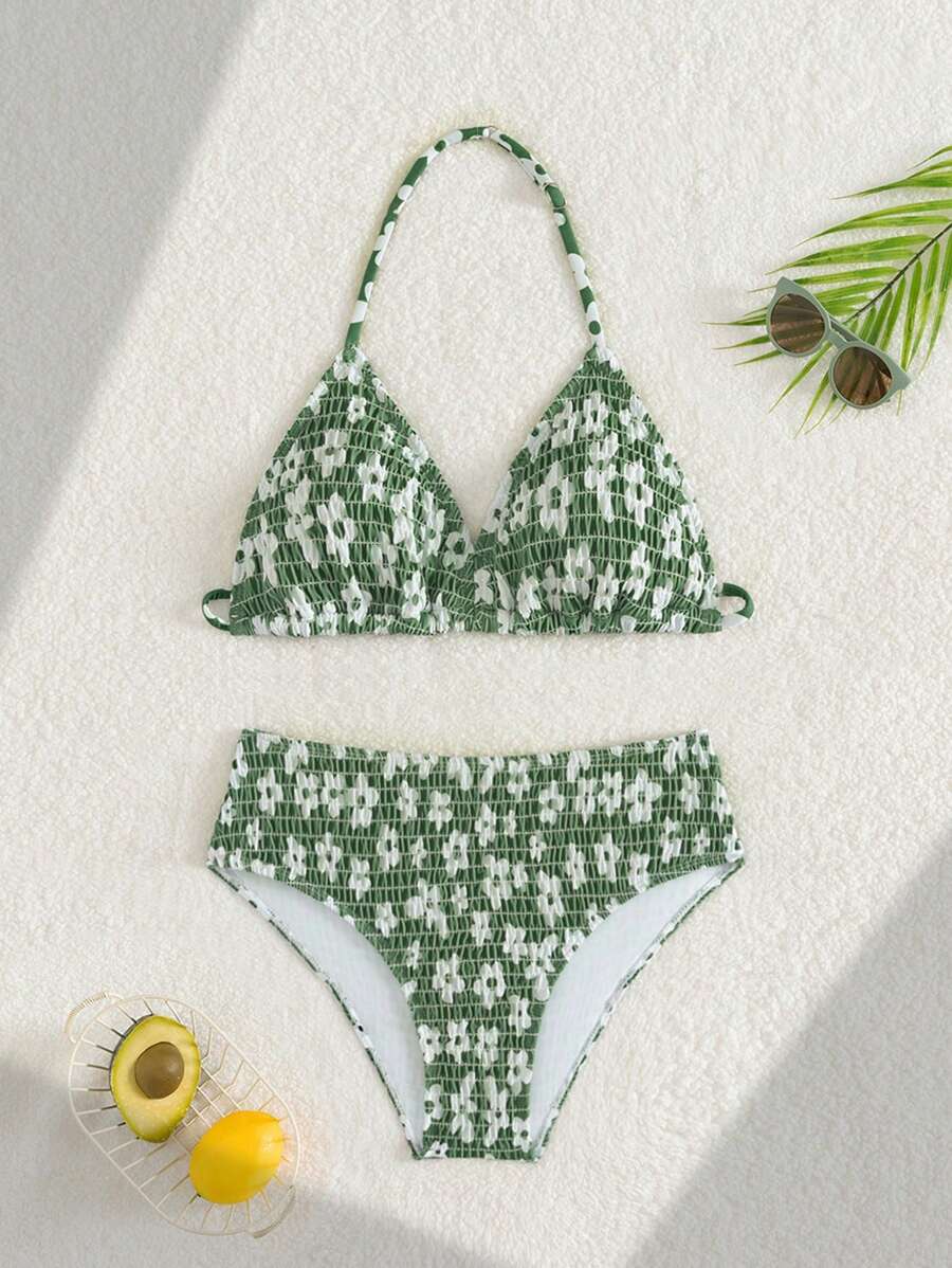 Tween Girls Green Background White Ditsy Floral Bikini Set - Halter ...