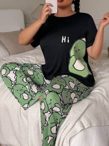 SHEIN Cute Dinosaur Print Short Sleeve & Pants Plus Size Pajama Set, Cute Sleep Set, Dinosaur ...