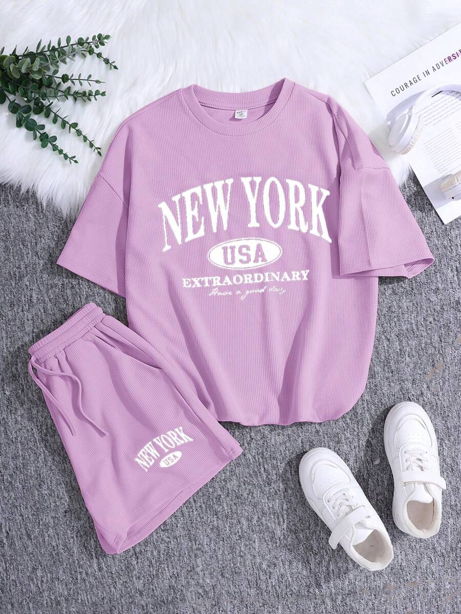 SHEIN 2pcs Teen Girls Casual English Print Knit Loose T-Shirt And ...
