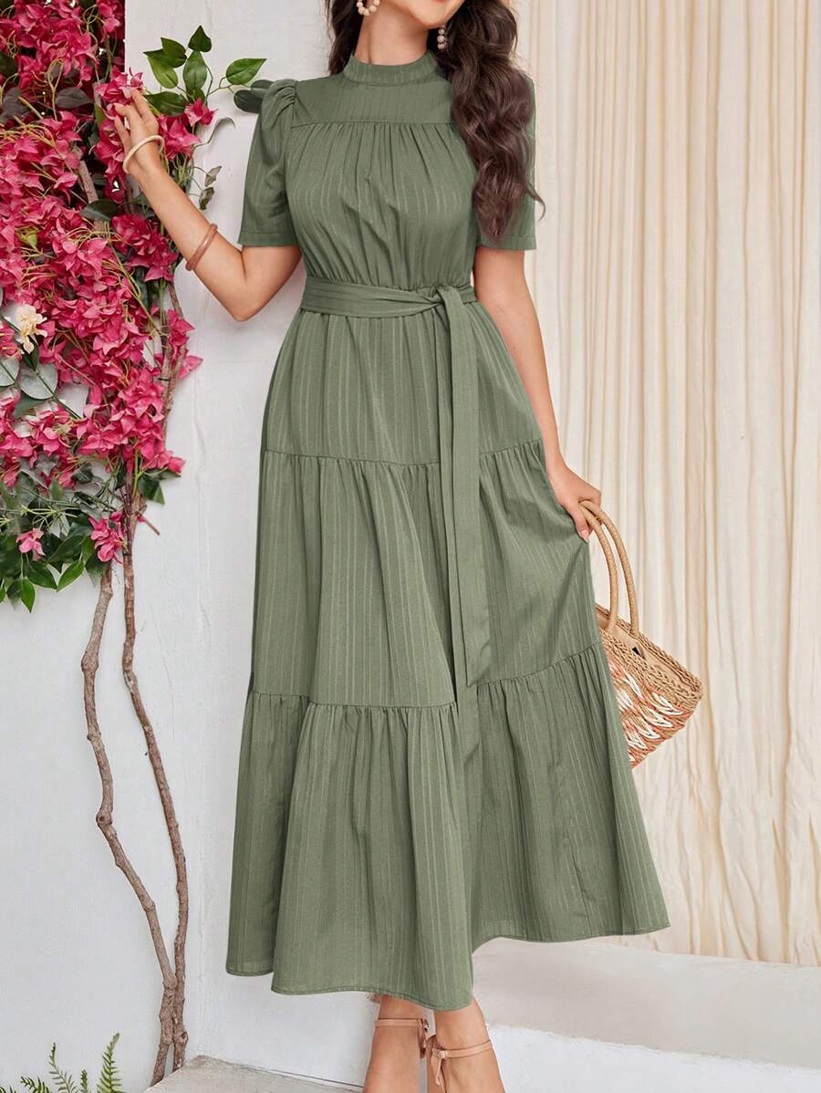 Mulvari Women's Solid Color Ruffle Hem Stand Collar Short Sleeve Arabic ...