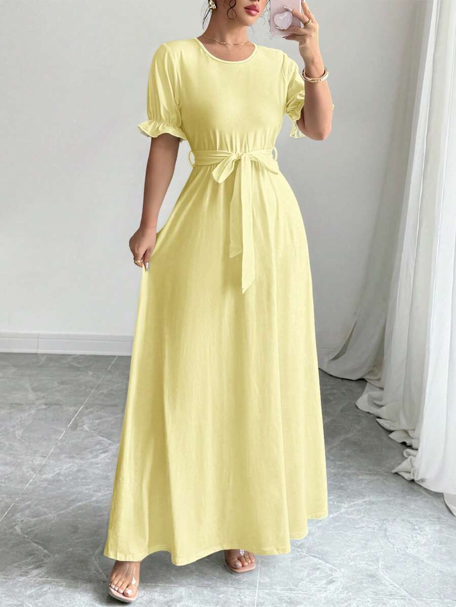 Modelyn Simple Fashionable Solid Color Butter Yellow Casual Women Long Dress | SHEIN USA