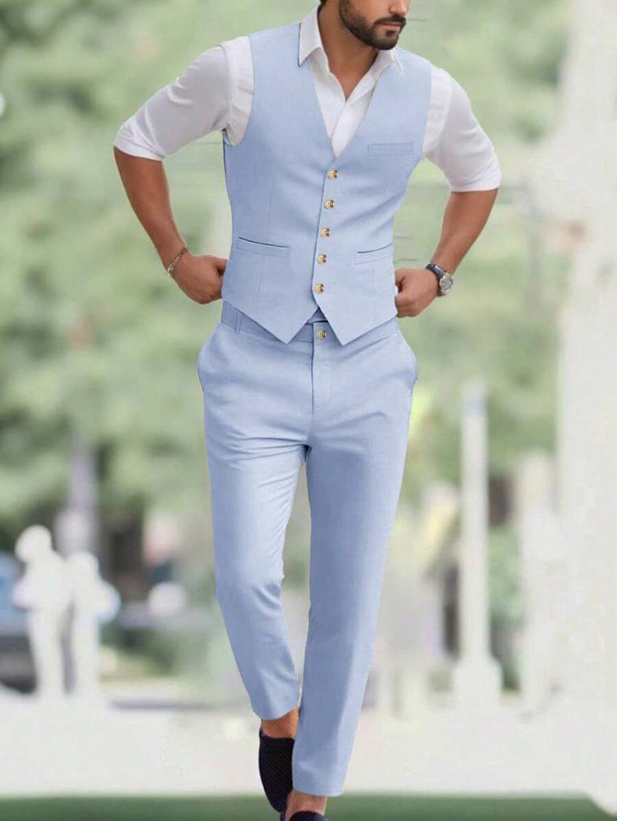 Manfinity Mode 2pcs Men's Solid Color V-Neck Vest And Pants Casual Suit ...