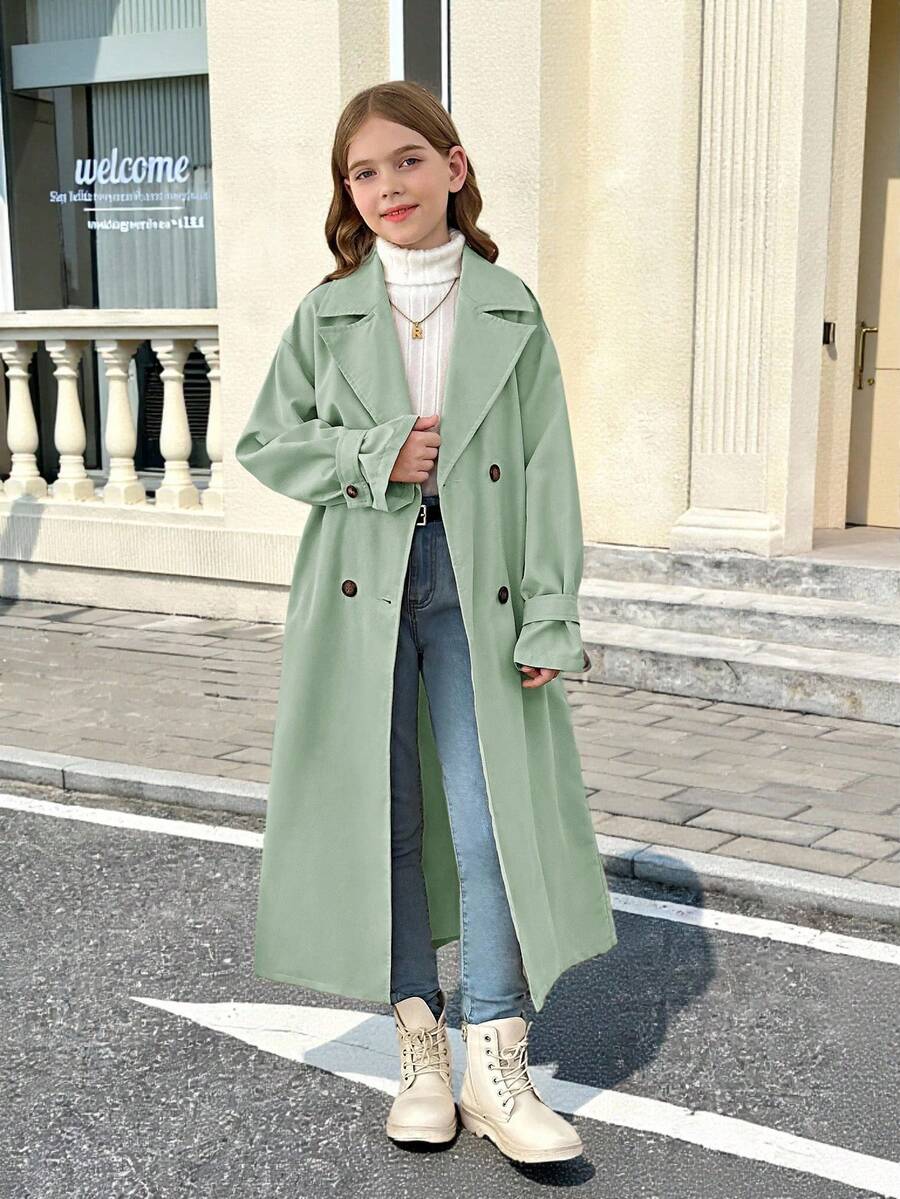 SHEIN Serisse Kids Tween Girls' Loose Double-Breasted Lapel Long Trench ...