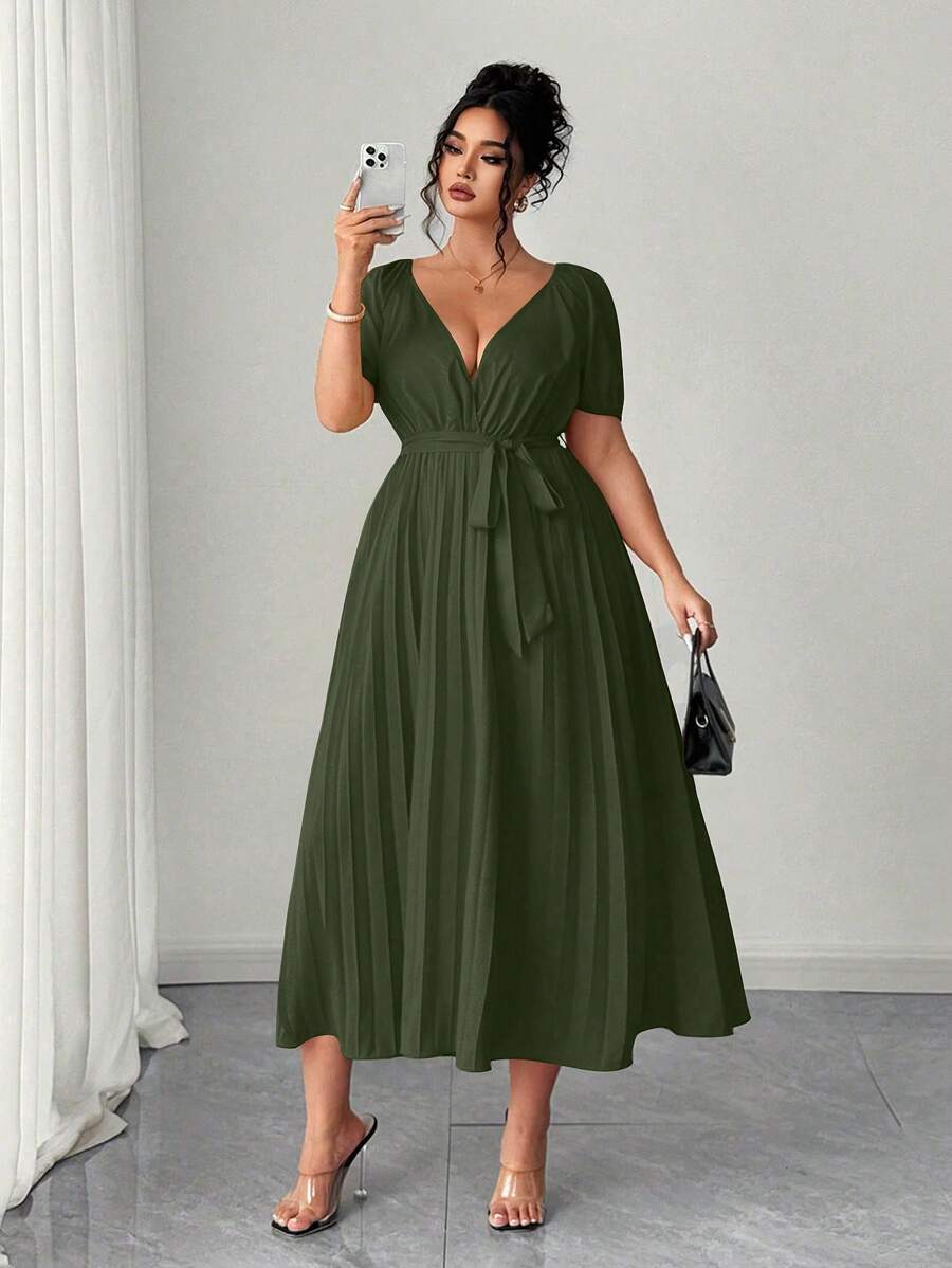 Elenzga Women Plus Size Dark Green Deep V-Neck Ruched Flared Hem Short ...