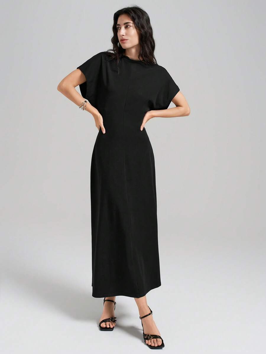 Ontre Women's Black Waist Cinched Elegant Batwing Sleeve Dress, Minimalist Urban Style | SHEIN USA