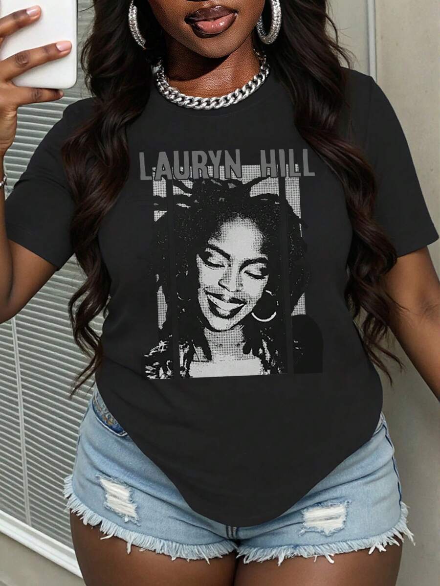 INAWLY Letter & Portrait Print Casual Round Neck Short Sleeve T-Shirt ...