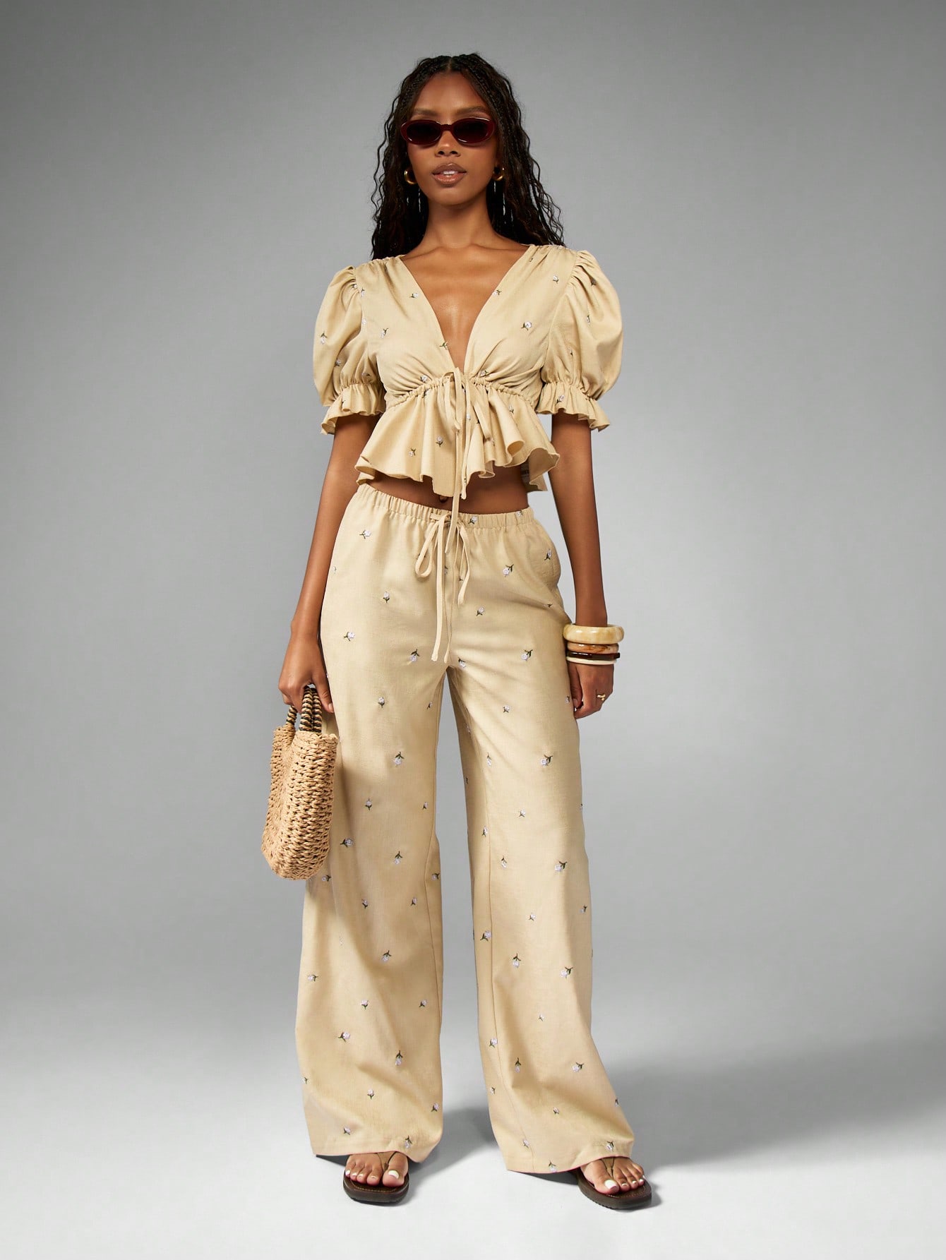 Puff Sleeve Ruffle Wide Leg Coordinates Set｜MISSGUIDED