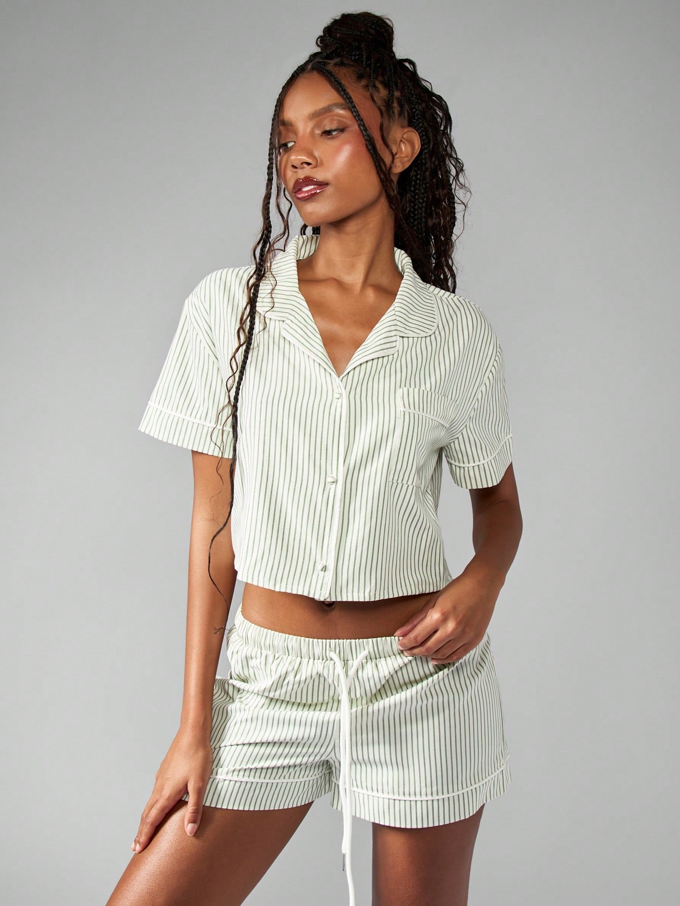 MISSGUIDED Striped Cotton Two-Piece Button Down Top And Shorts Set ...