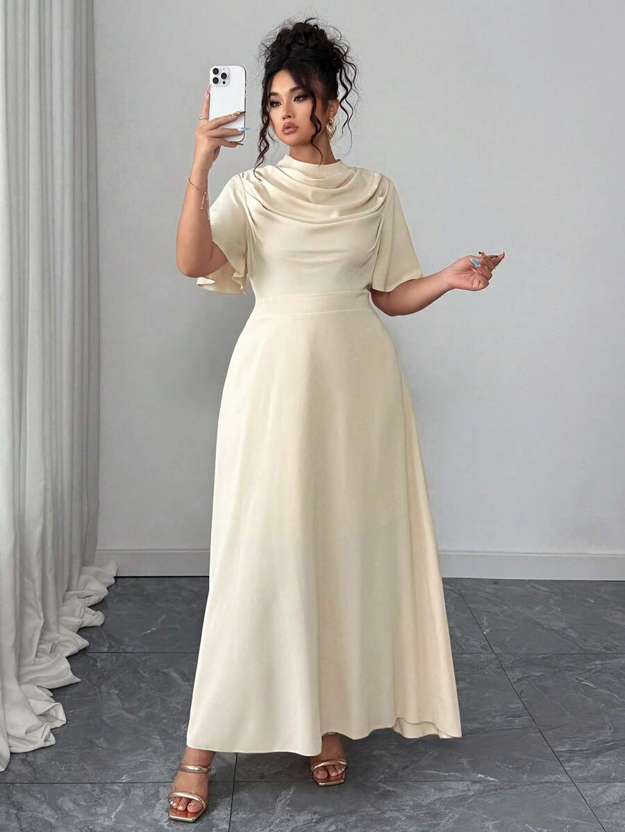 Elenzga Plus Size Women's Dress With Stand Collar, Flared Sleeves, And ...