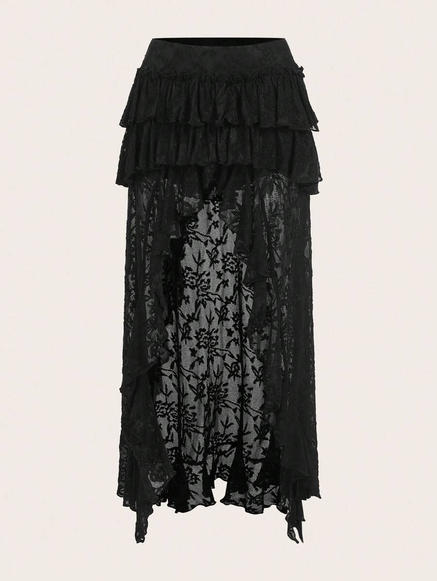 SHEIN ICON Ultra Low-Cut Lace Tiered Front Short Back Long Skirt ...