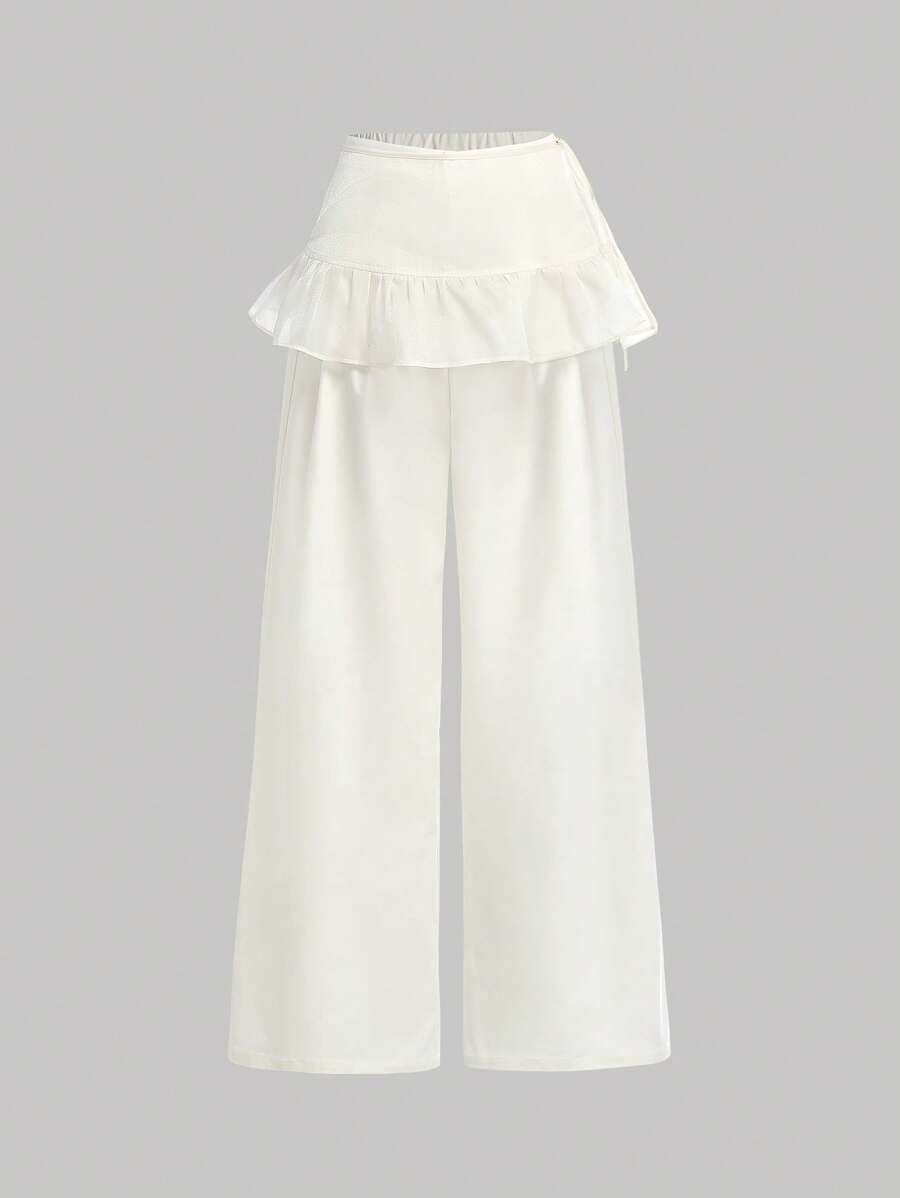 SHEIN MOD White Ruffled Hem Detachable Decor Wide Leg Pants | SHEIN USA
