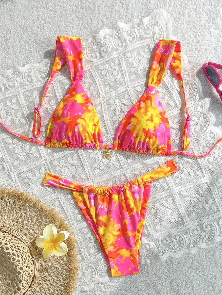 SHEIN 2pcs Floral Print Sling Triangle Bra & String Bikini Swimwear Set ...
