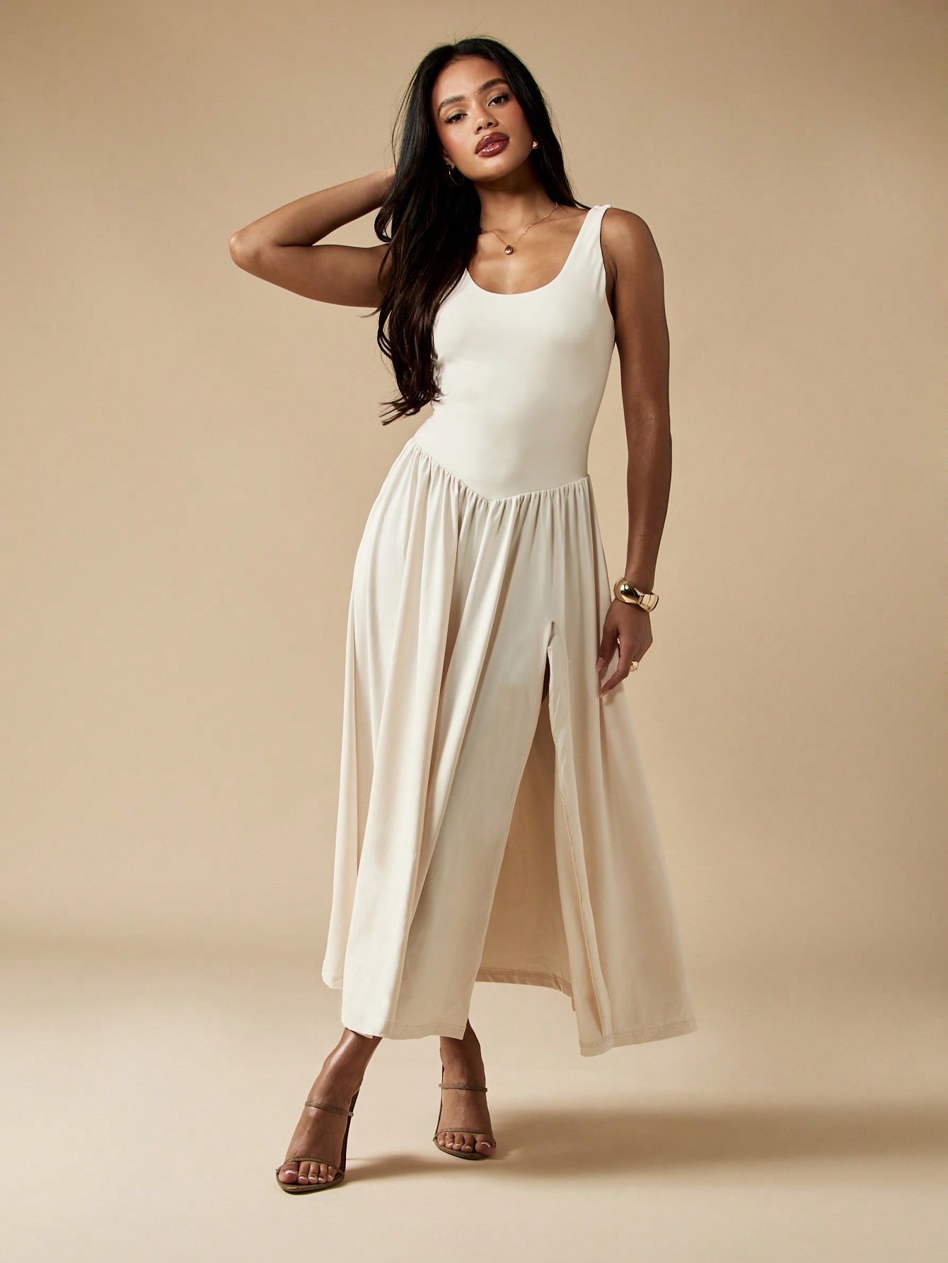 Empire Waist Jersey Dress Side Slit Midaxi Length Elegant Sleeveless ...