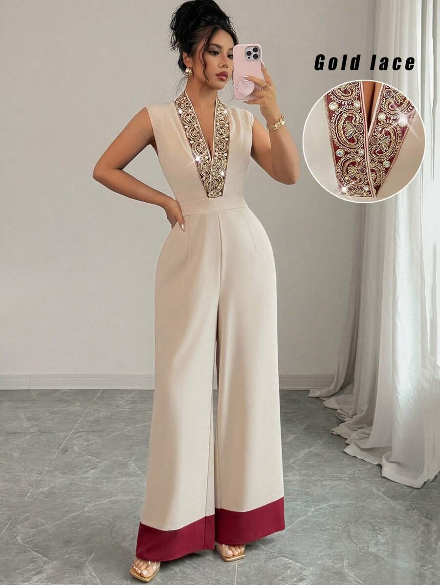 Elenzga Women's Elegant Floral Embroidery V-Neck Waist Fitted Jumpsuits, Contrasting Hem Design ...