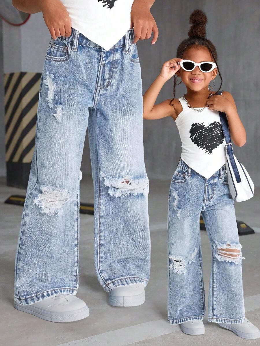 Young Girls Casual Versatile Distressed Straight Leg Denim Jeans Girls ...