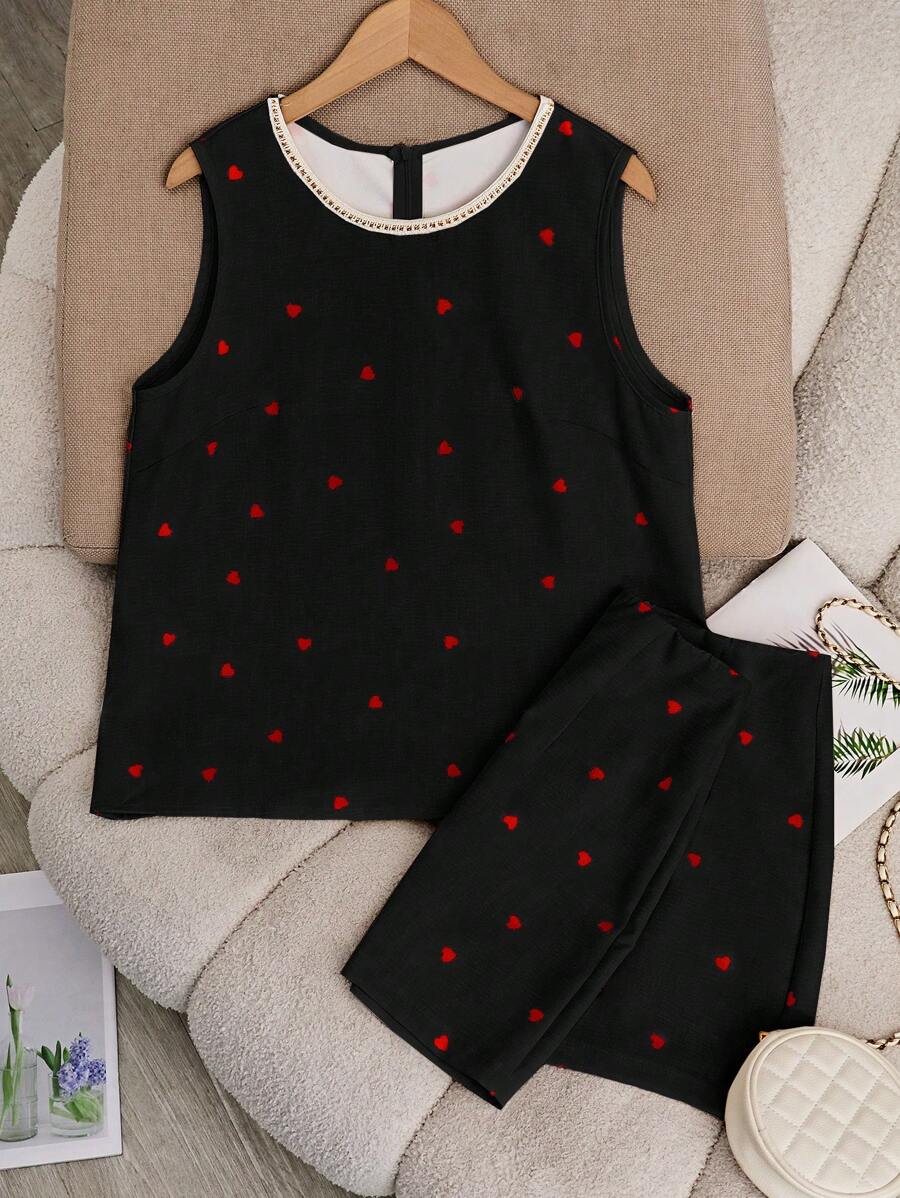 INAWLY 2pcs Summer Casual Heart Print Tank Top And Skirt Set | SHEIN
