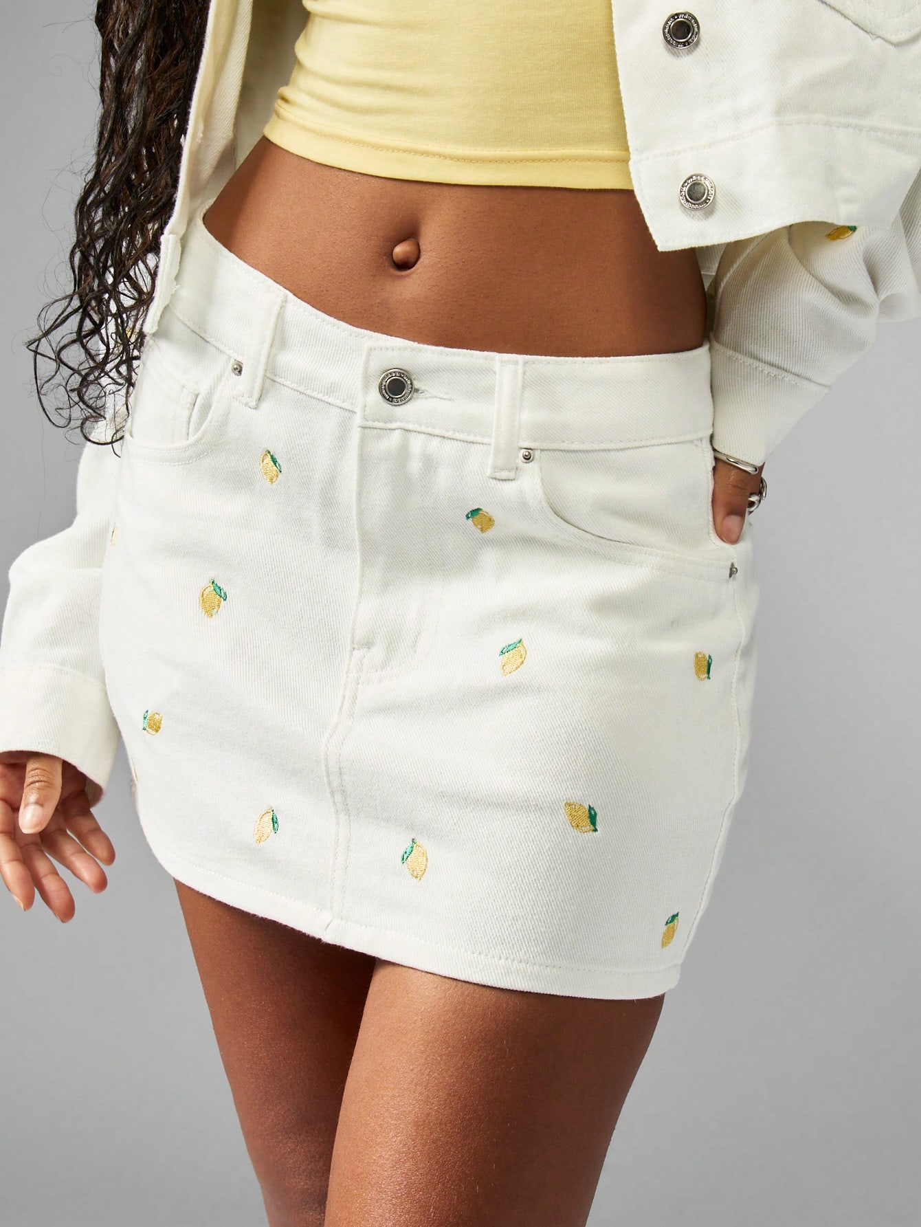 MISSGUIDED Lemon Print Embroidered Mini A-Line Button Front Denim Skirt ...