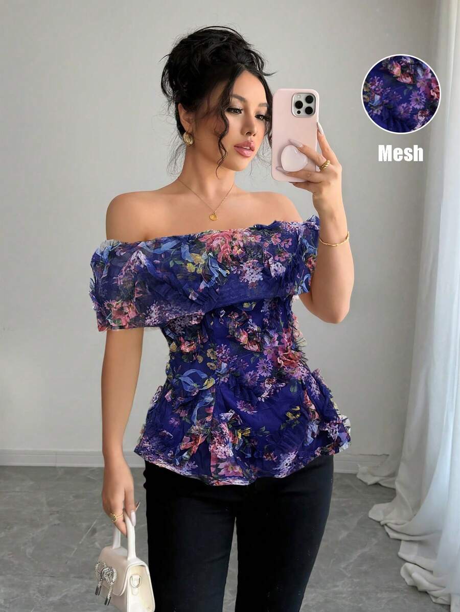 Elenzga Women Off Shoulder Elegant Romantic Floral Print High Waist ...