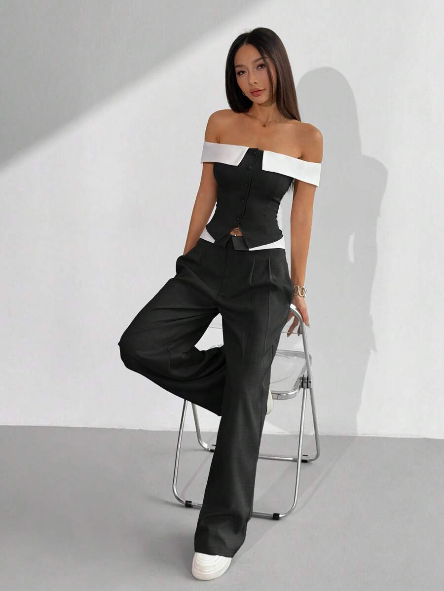 SHEIN EZwear Women 2 Pieces Set Black & White Contrast Color Off ...