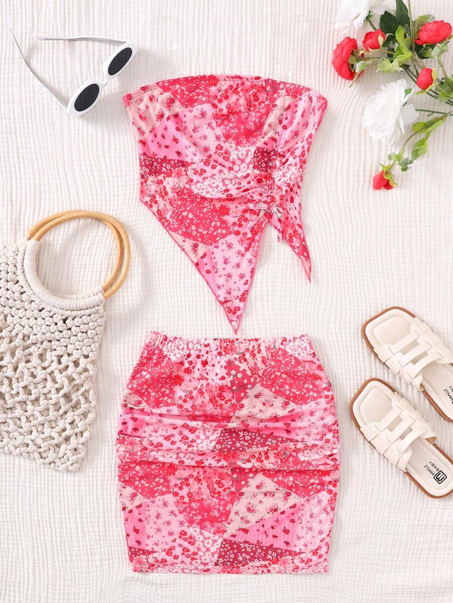 Tween Girl Knit Mesh Patchwork Floral Tube Top With Drawstring, Slim ...