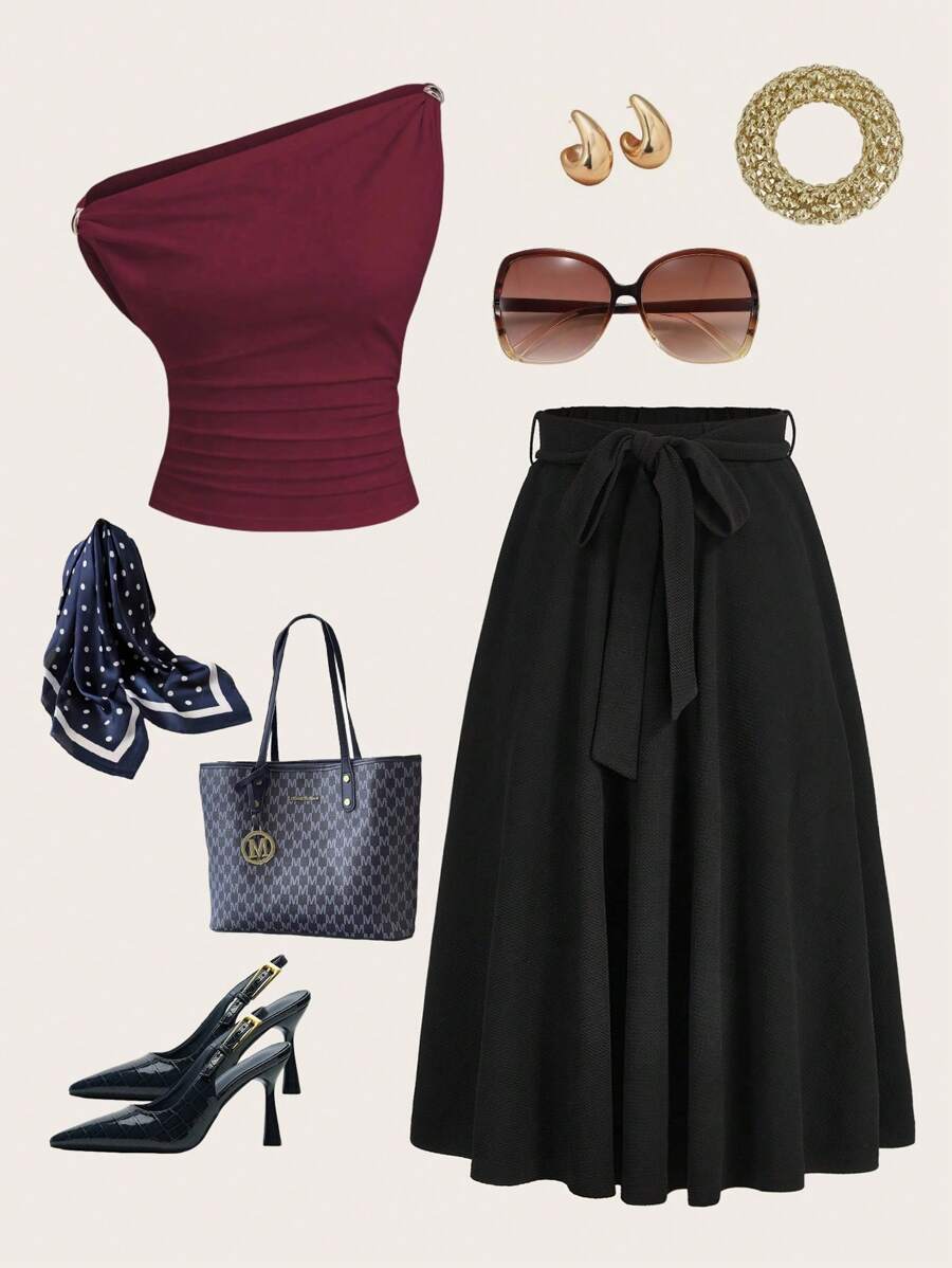 Ellevyn Solid Belted Flare Skirt | SHEIN USA