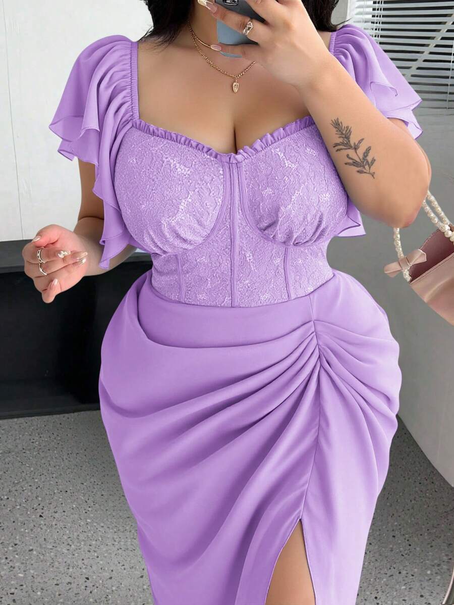 SHEIN Clasi Plus Size Women's Square Neck Jacquard Chiffon Layered ...